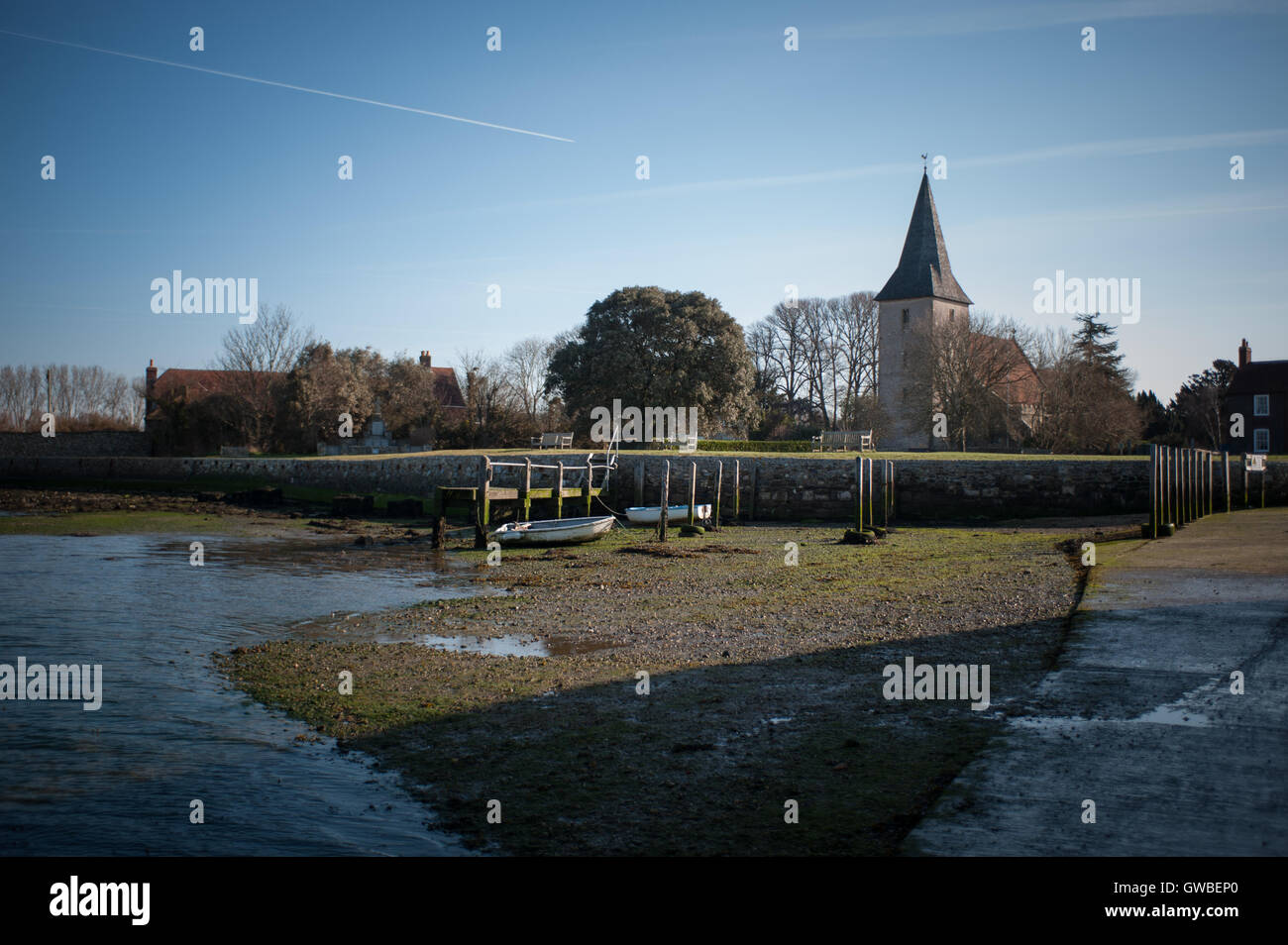 Low tide at Bosham Quay in the village of Bosham in West Sussex, UK ...