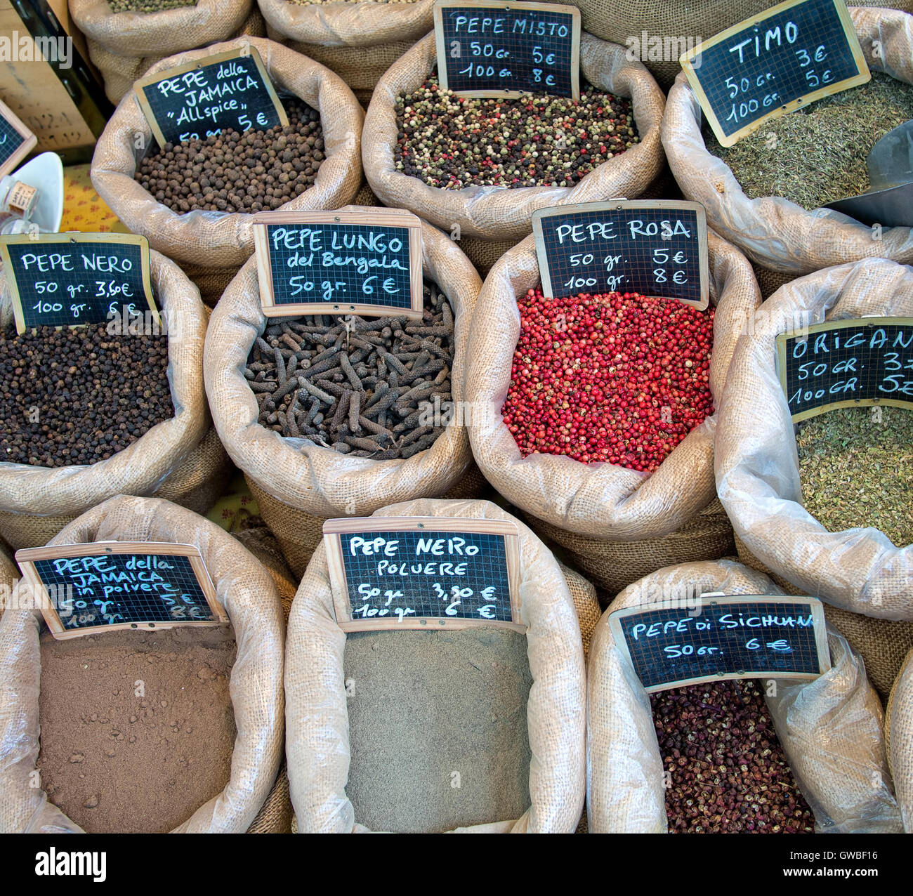 Pepper varieties. Culinary selection on sale in Italy Stock Photo - Alamy