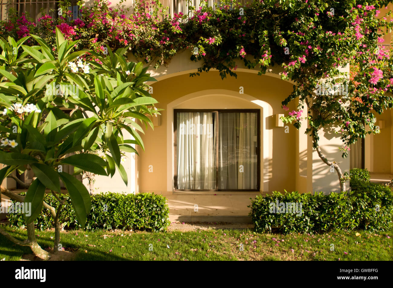 Beautiful Hotel room window from outside garden Stock Photo - Alamy