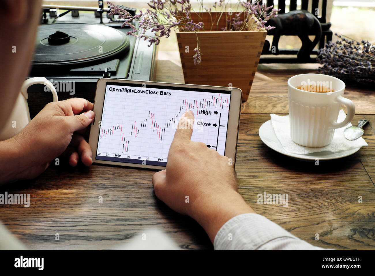 Tablet computer with stock analytics in man hands. Reading charts ...