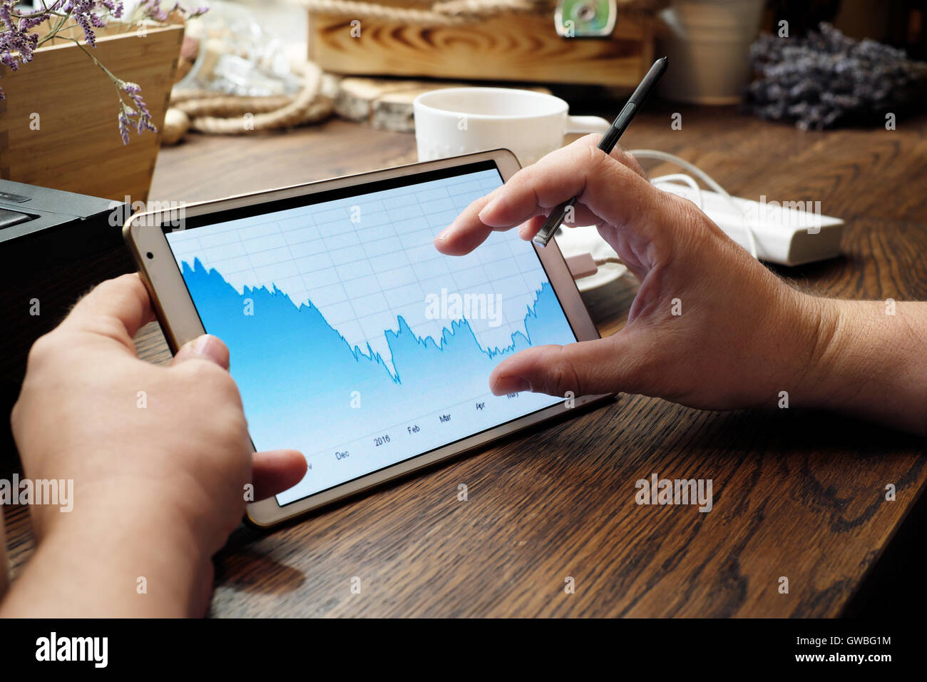Tablet computer with stock analytics in man hands. Reading charts ...