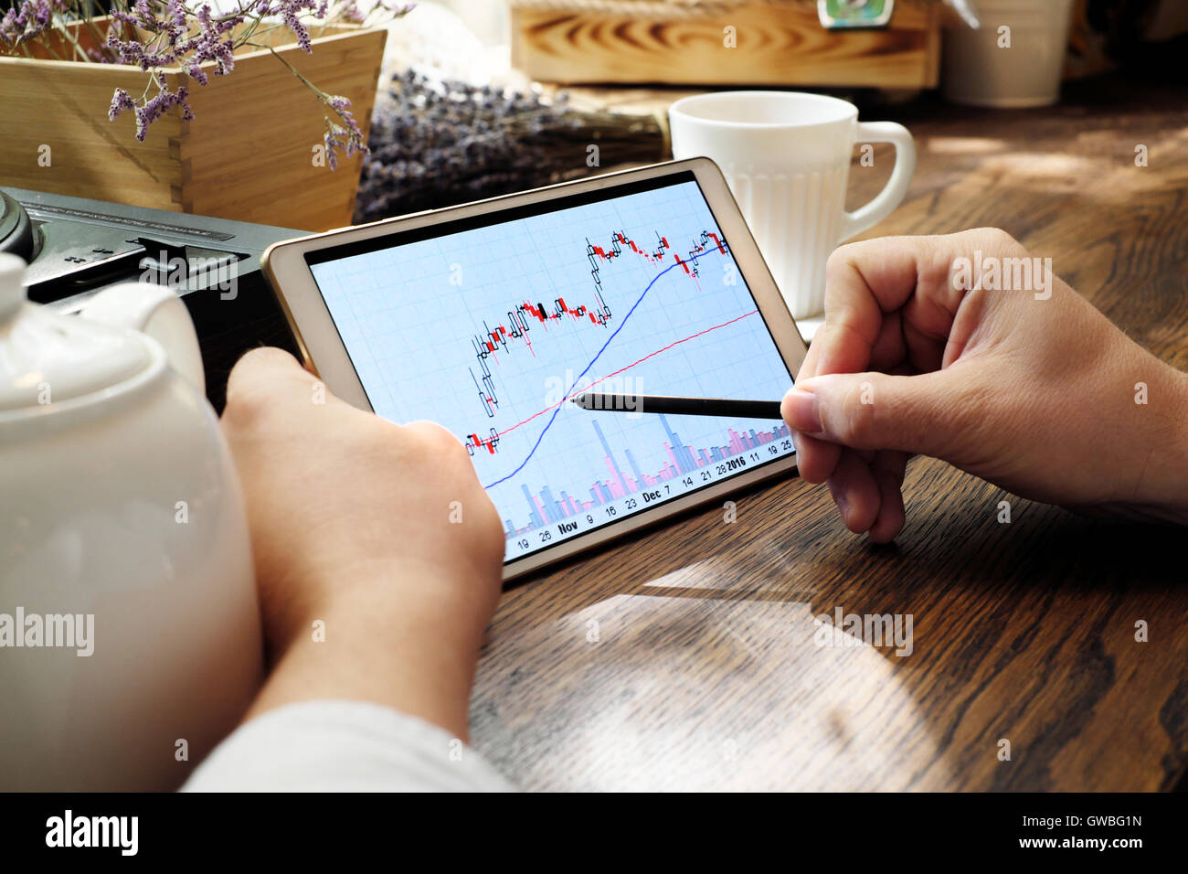 Tablet computer with stock analytics in man hands. Reading charts ...