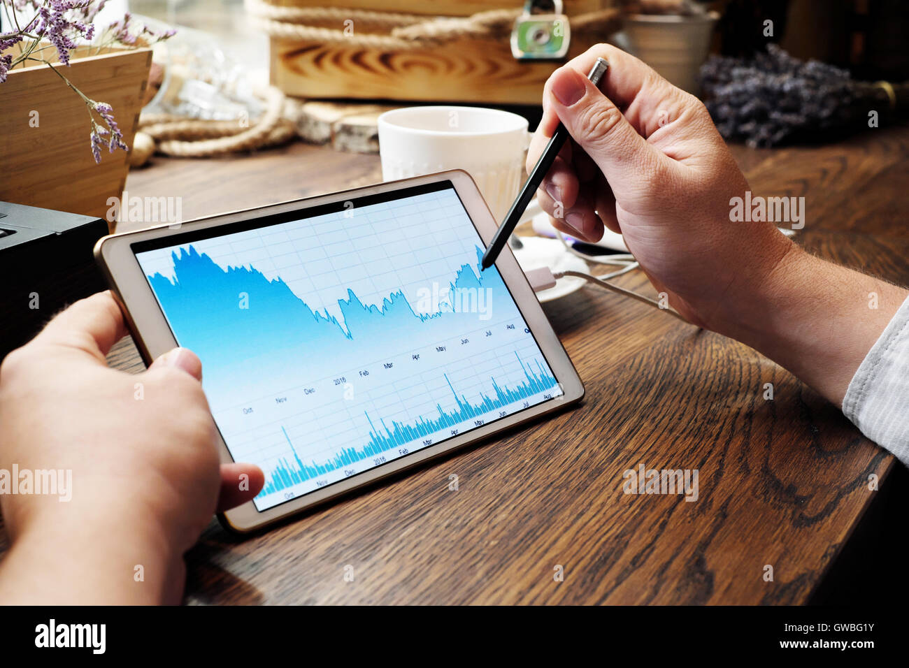 Tablet computer with stock analytics in man hands. Reading charts ...