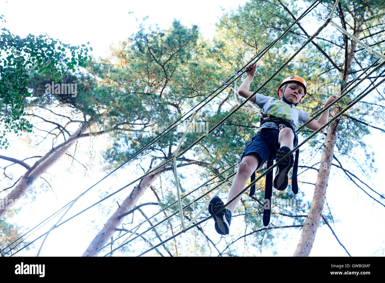 Portrait of active brave boy enjoying outbound climbing at adventure ...
