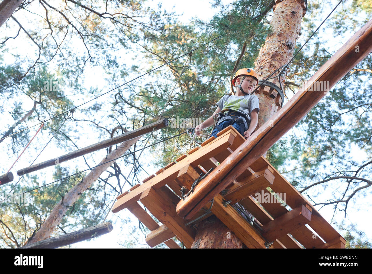 Portrait of active brave boy enjoying outbound climbing at adventure ...