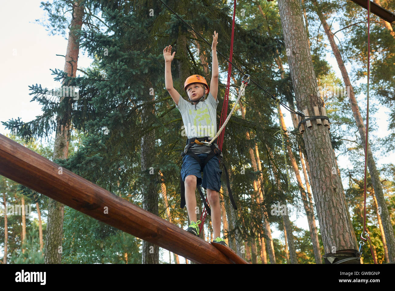 Portrait of active brave boy enjoying outbound climbing at adventure ...