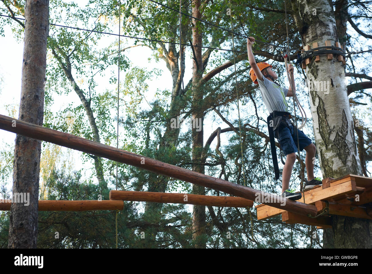 Portrait of active brave boy enjoying outbound climbing at adventure ...