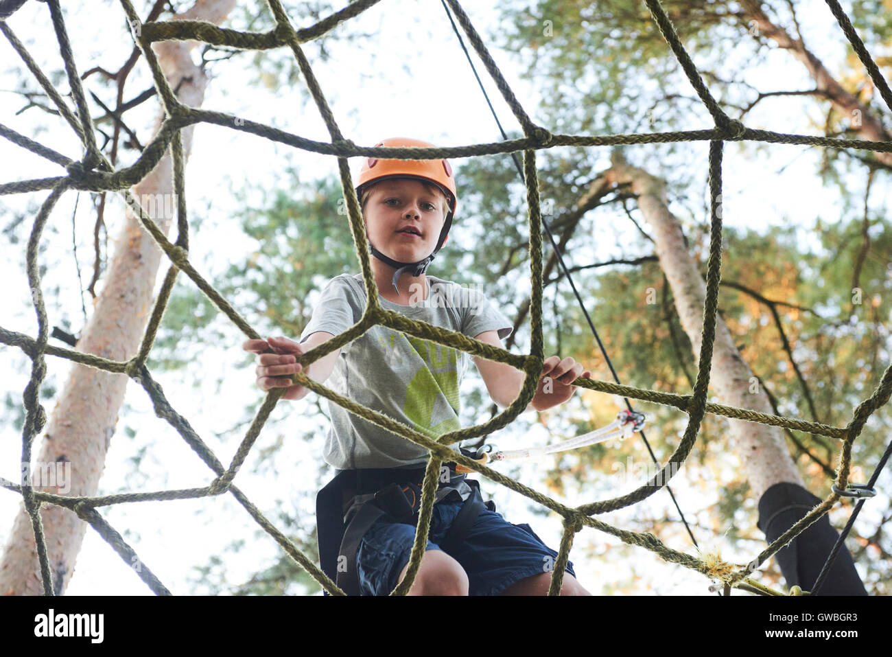 Portrait of active brave boy enjoying outbound climbing at adventure ...