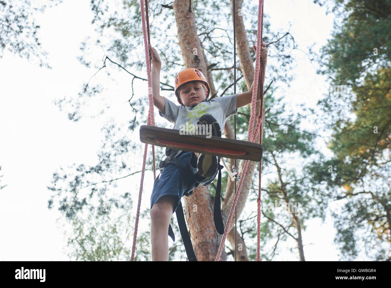 Portrait of active brave boy enjoying outbound climbing at adventure ...