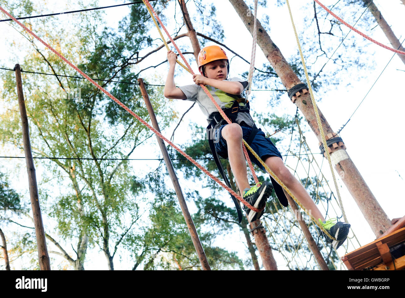 Portrait of active brave boy enjoying outbound climbing at adventure ...