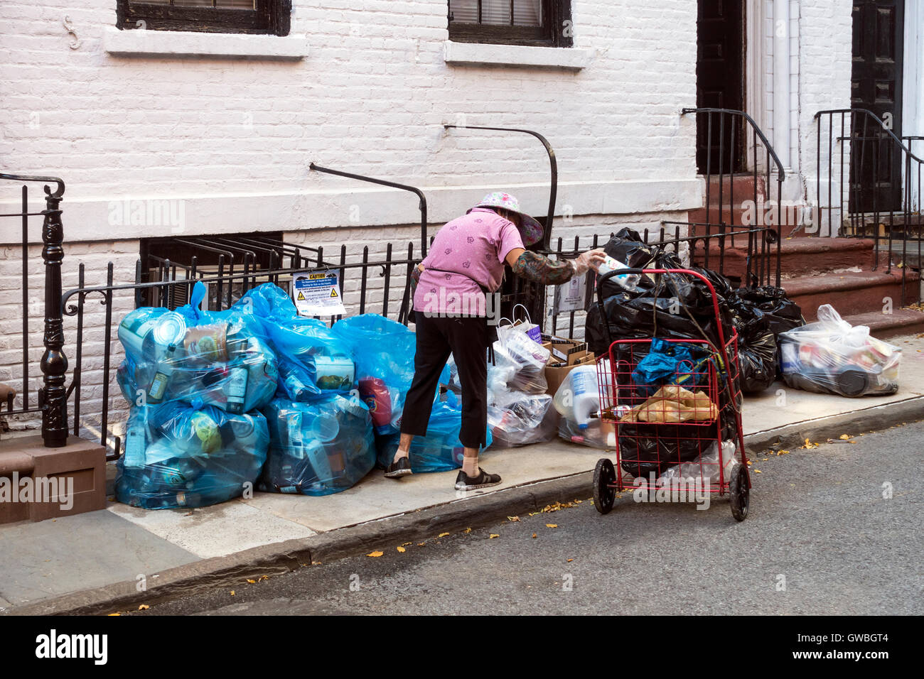 Older Asian woman picks bottles and cans from trash in order to collect ...