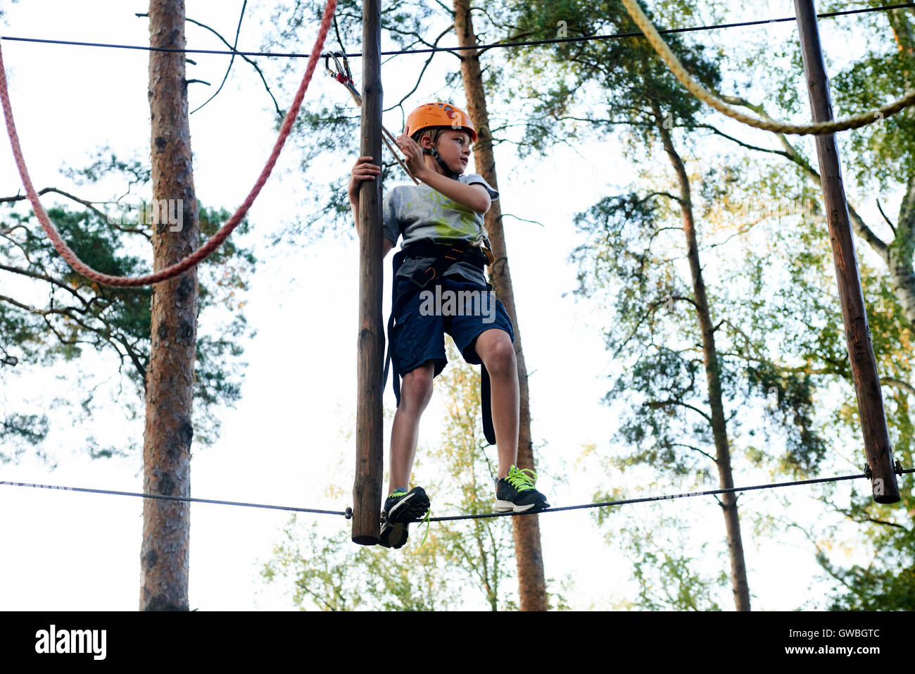 Portrait of active brave boy enjoying outbound climbing at adventure ...