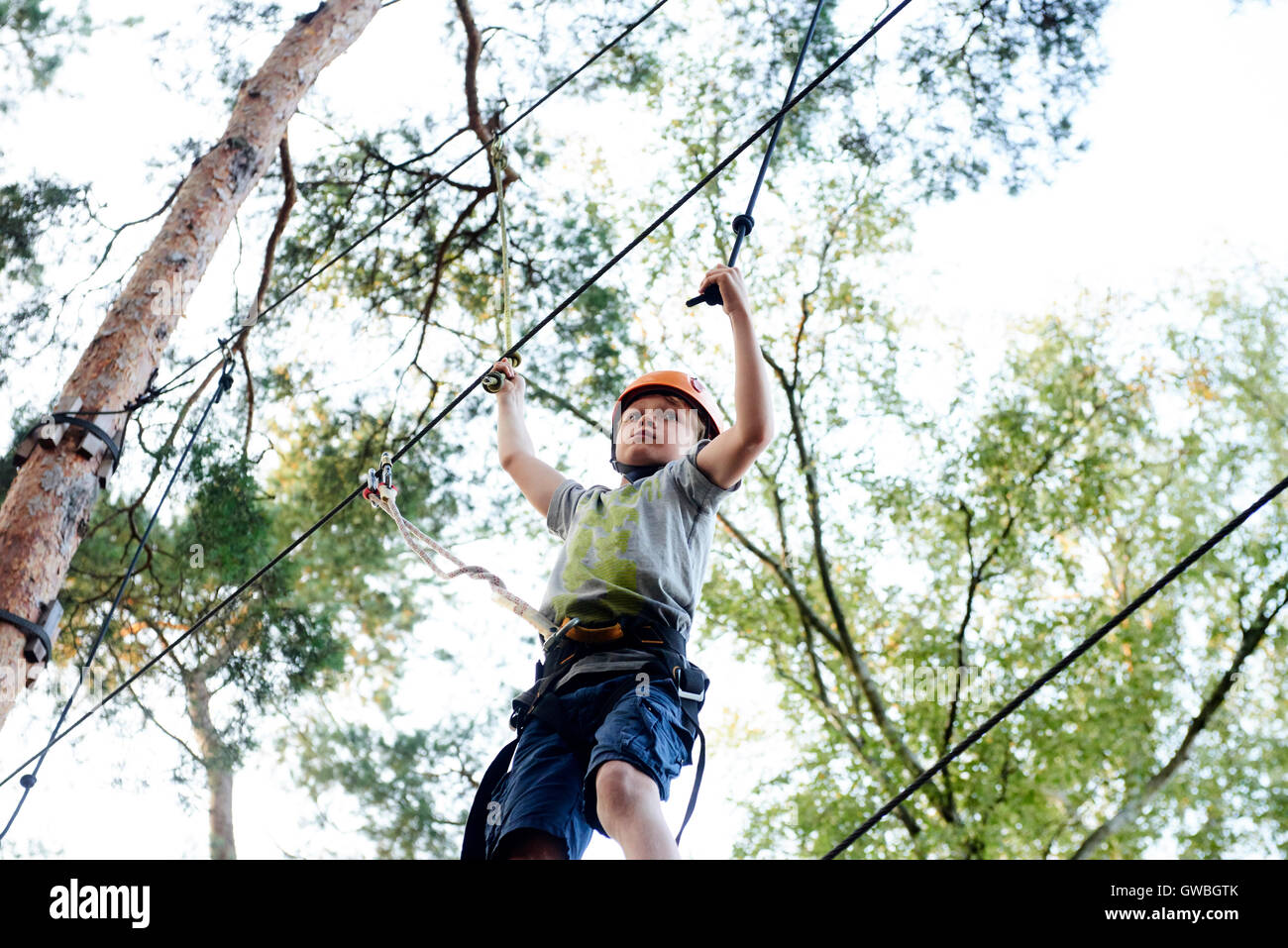 Portrait of active brave boy enjoying outbound climbing at adventure ...