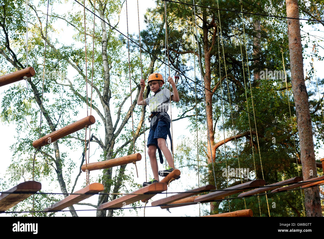 Portrait of active brave boy enjoying outbound climbing at adventure ...