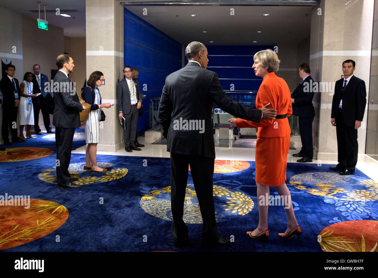 U.S President Barack Obama and British Prime Minister Theresa May talk ...
