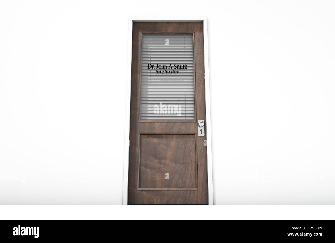 A 3D render of a wooden door with a glass section covered by a closed ...