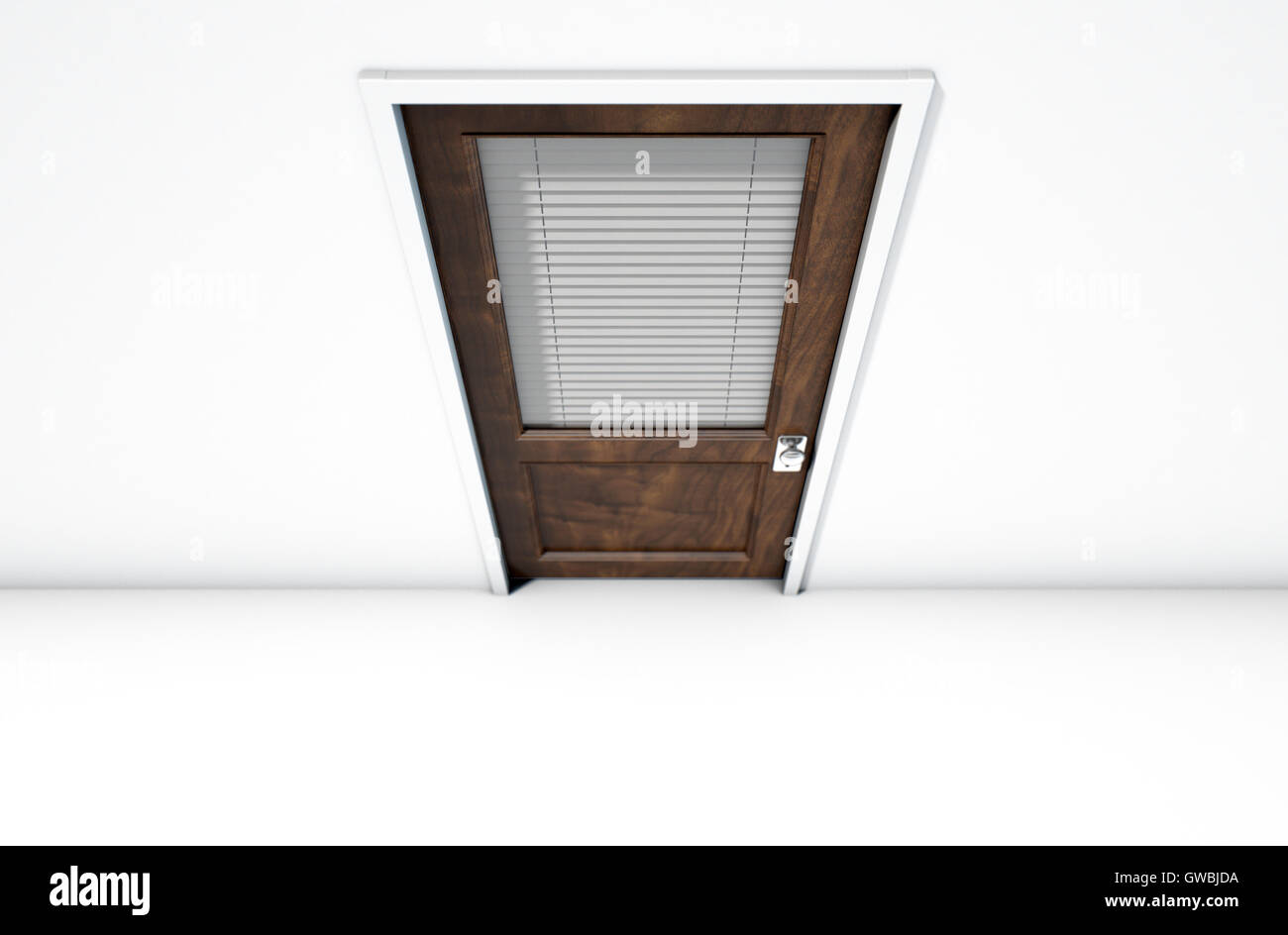 A 3D render of a wooden door with a glass section covered by a closed ...