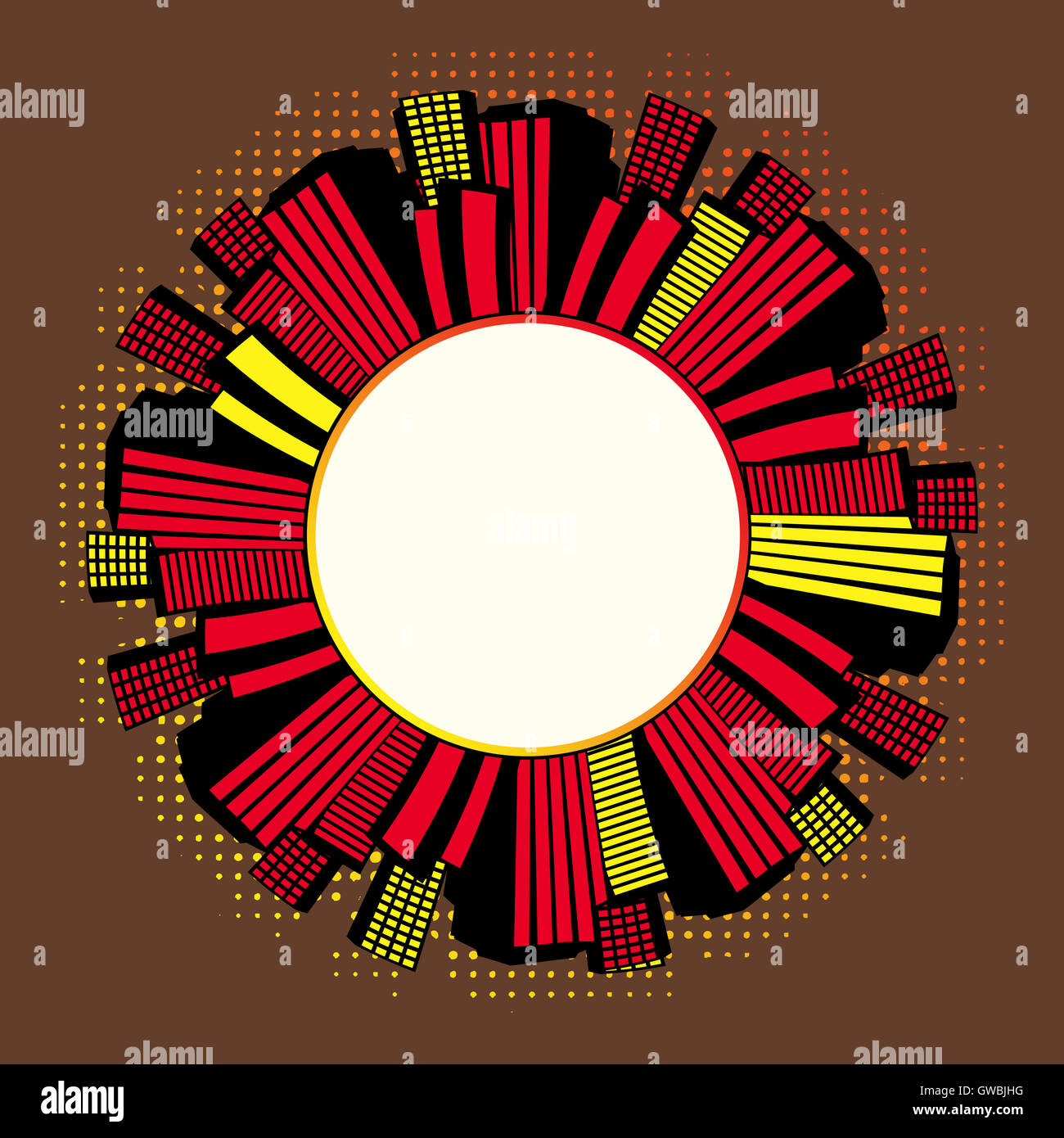 Circular Cartoons Style Cityscape with White Border Over Brown ...