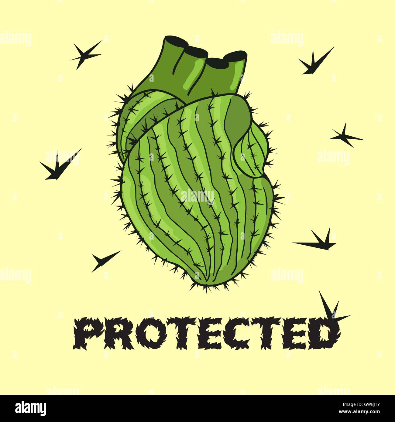 Cactus heart cartoon illustration. Doodle green prickly thorny cactus ...