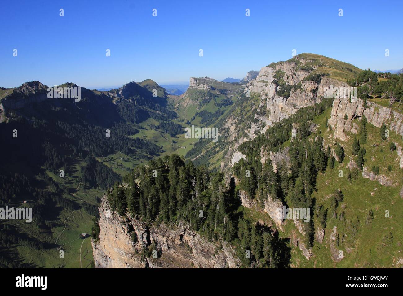 View from Mt Niederhorn, Swiss Alps. Justistal, valley in the Bernese ...