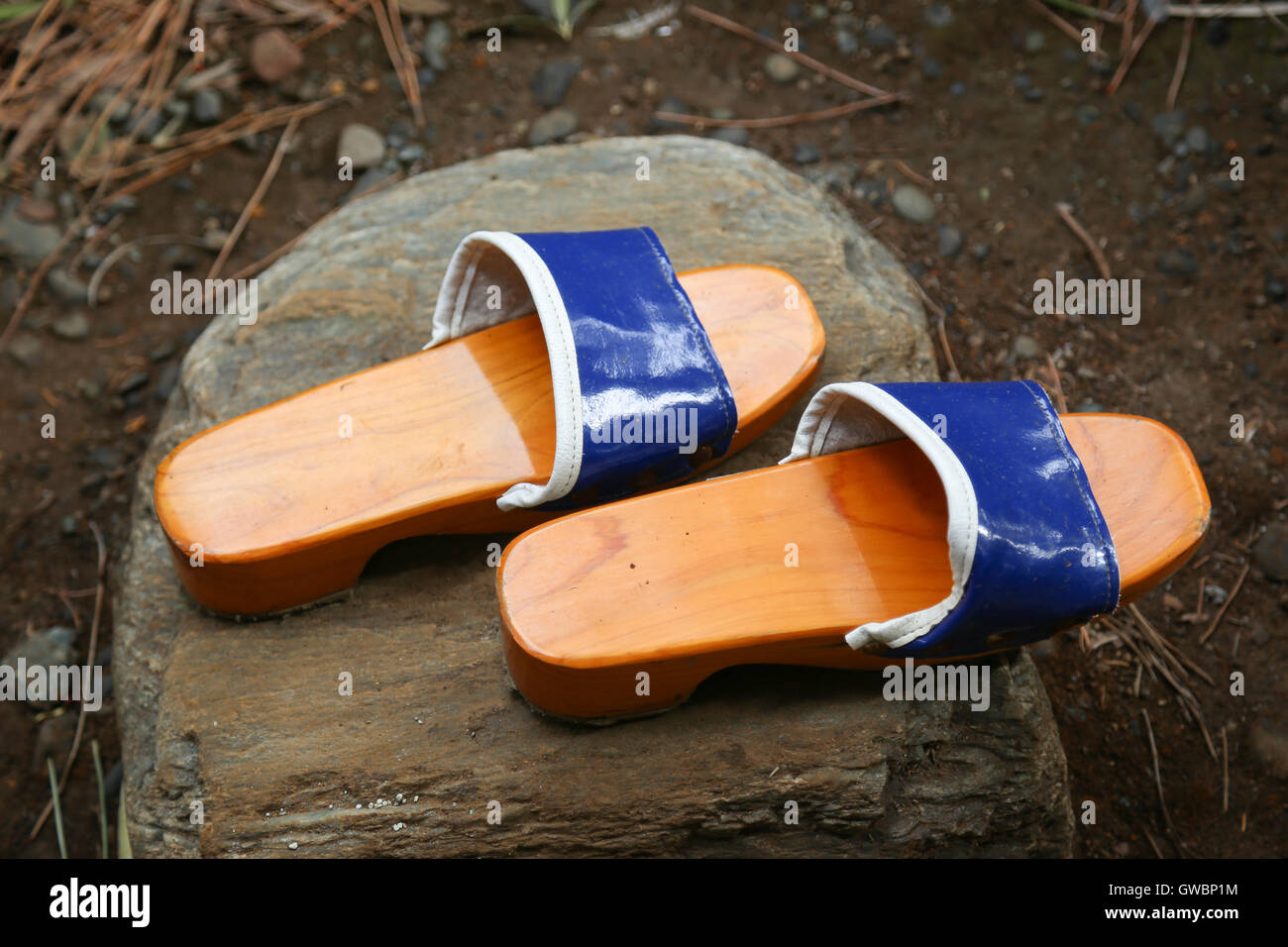 Traditional Japanese Zen Wooden Shoes on a Rock in a Garden Stock Photo ...