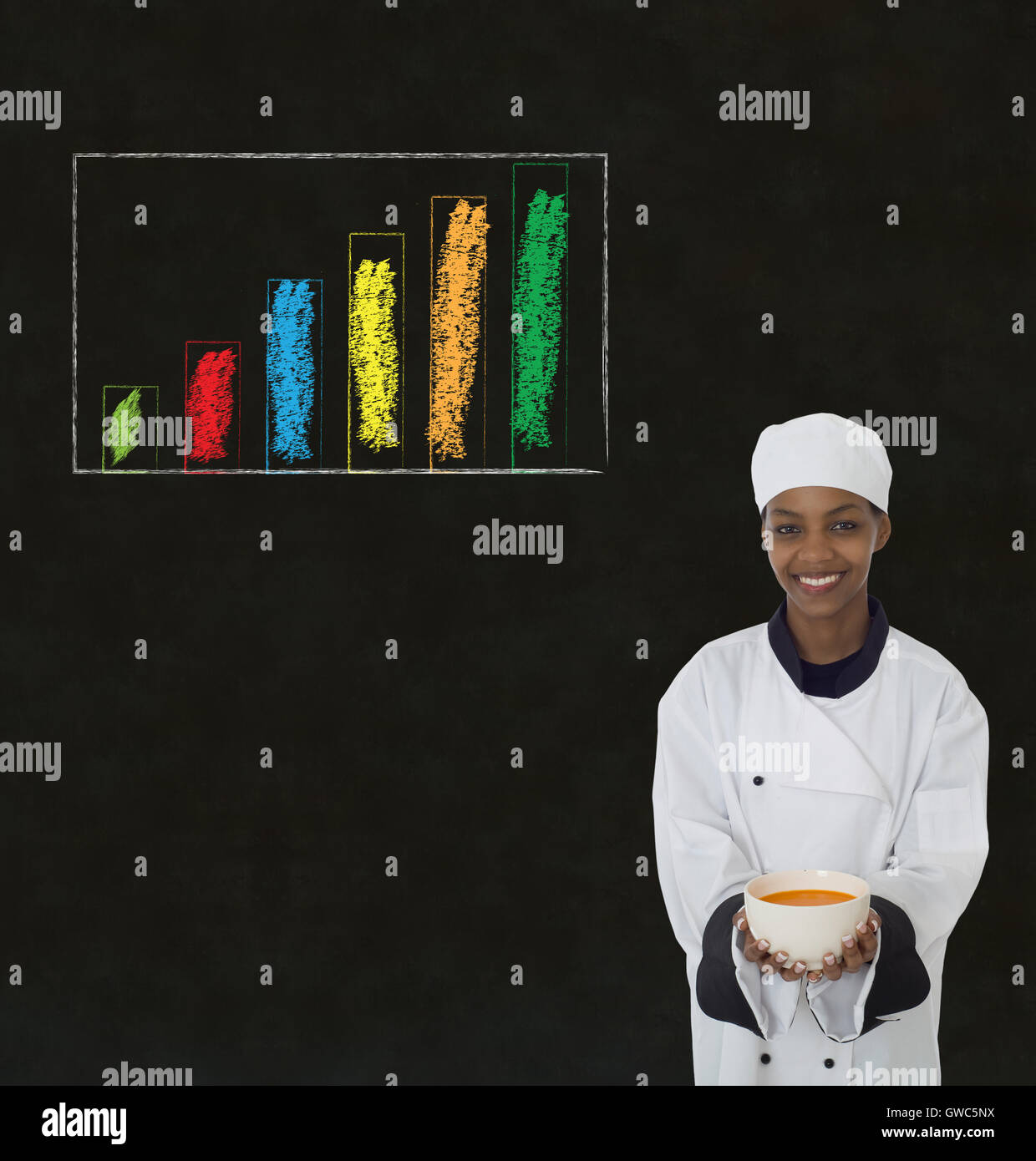 African woman chef with chalk bar graph on blackboard background Stock ...