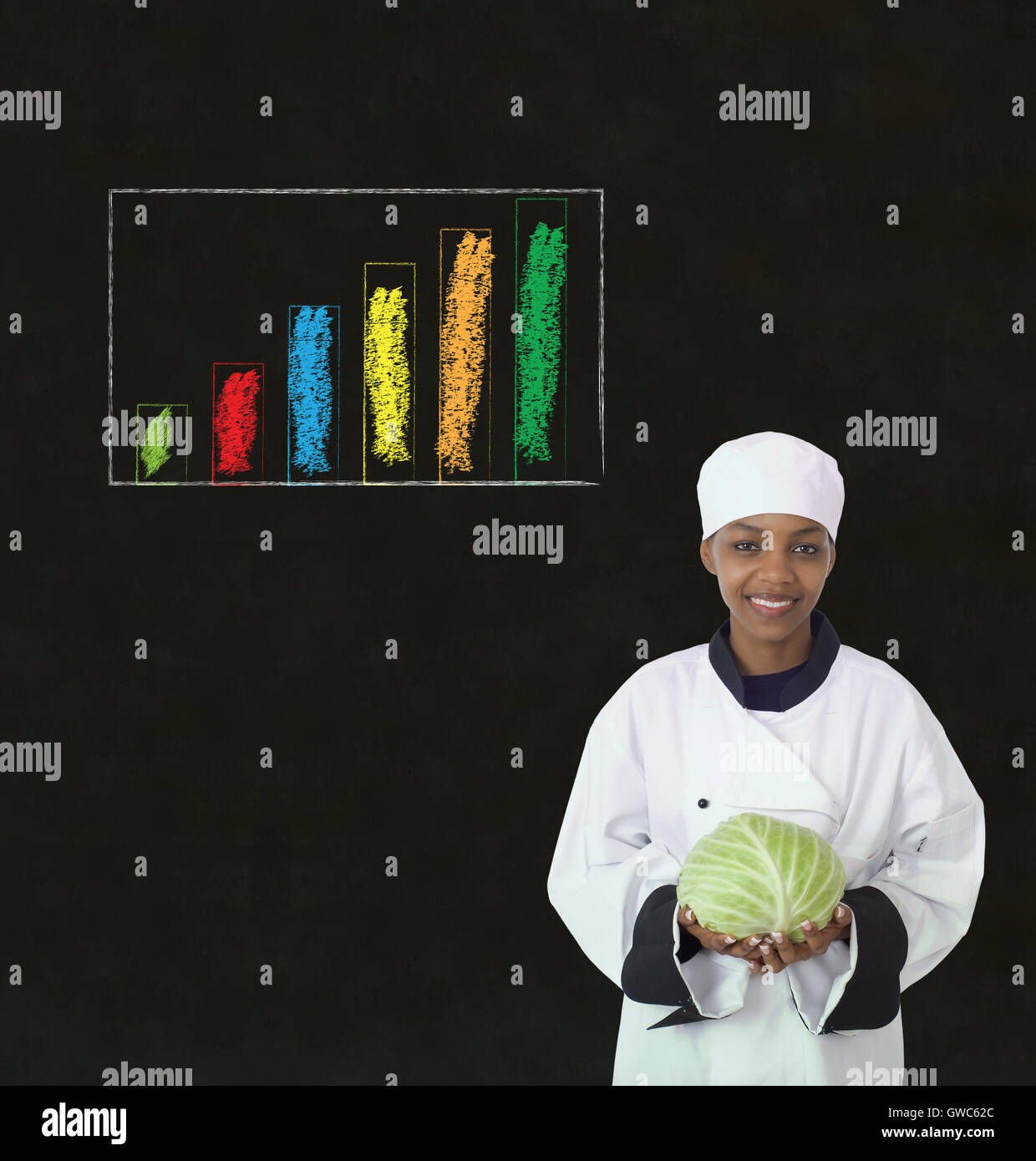 African woman chef with chalk bar graph on blackboard background Stock ...