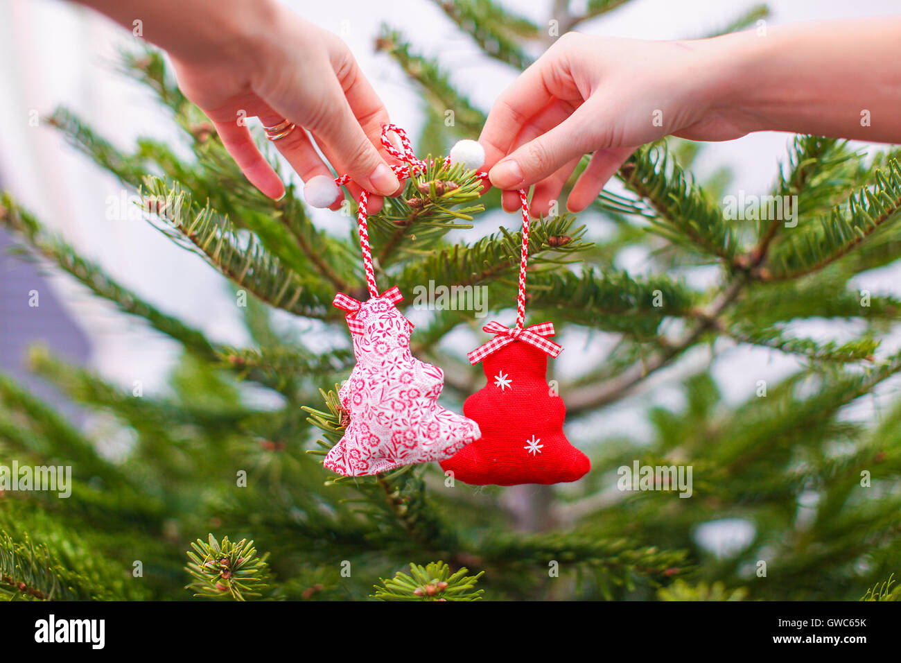 Close-up of a hand decorating the traditional Christmas tree ornaments ...
