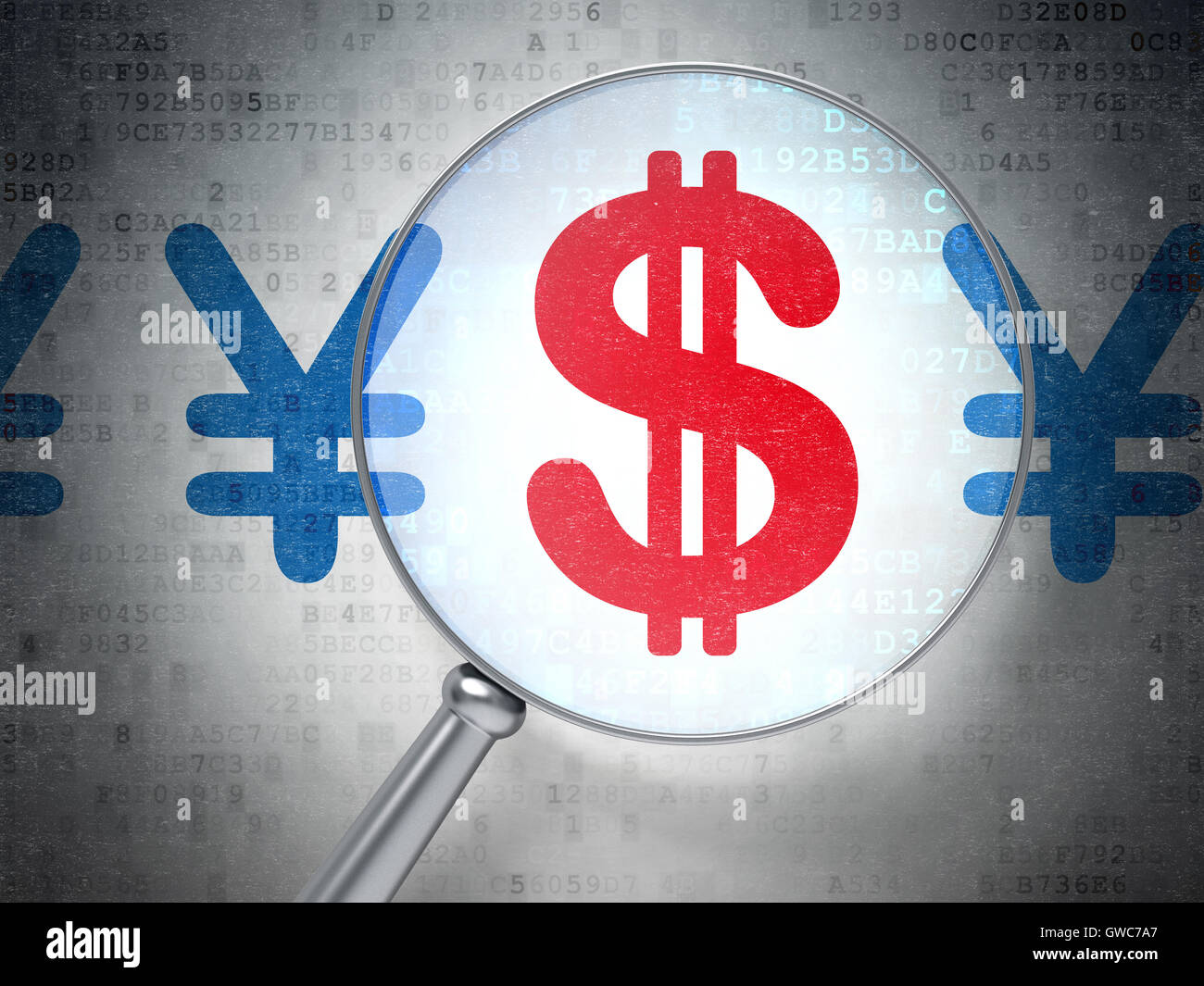 Currency concept: Dollar And Yen with optical glass Stock Photo - Alamy