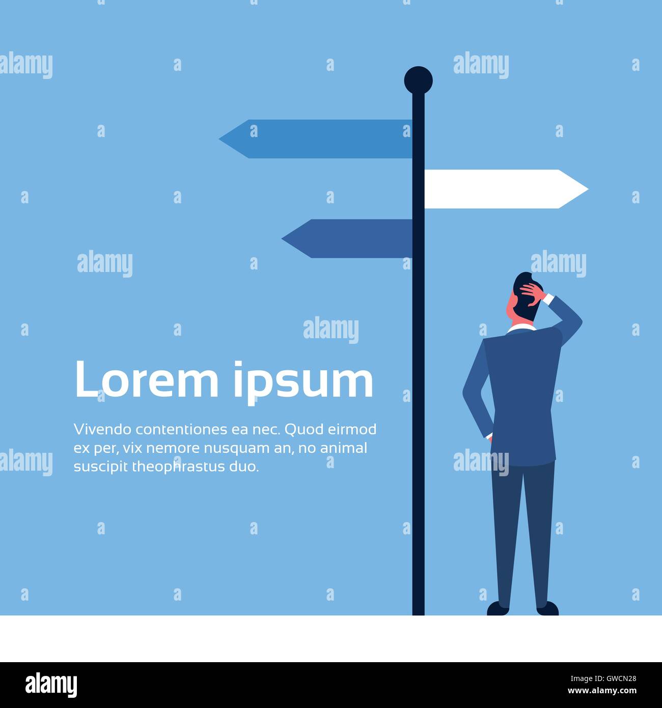 Business Man Standing Sign Choose Direction Way Signboard Arrow Stock ...