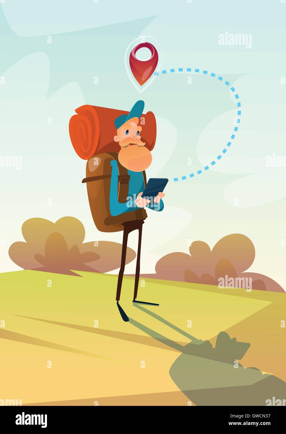 Traveler Man Hiking Using Tablet Navigation Outdoor Trekking Tourism ...