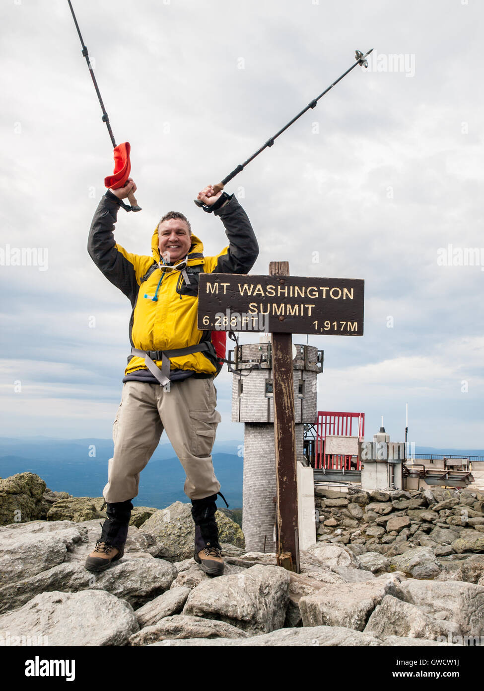 Climber on Summit of Mt. Washington Stock Photo - Alamy