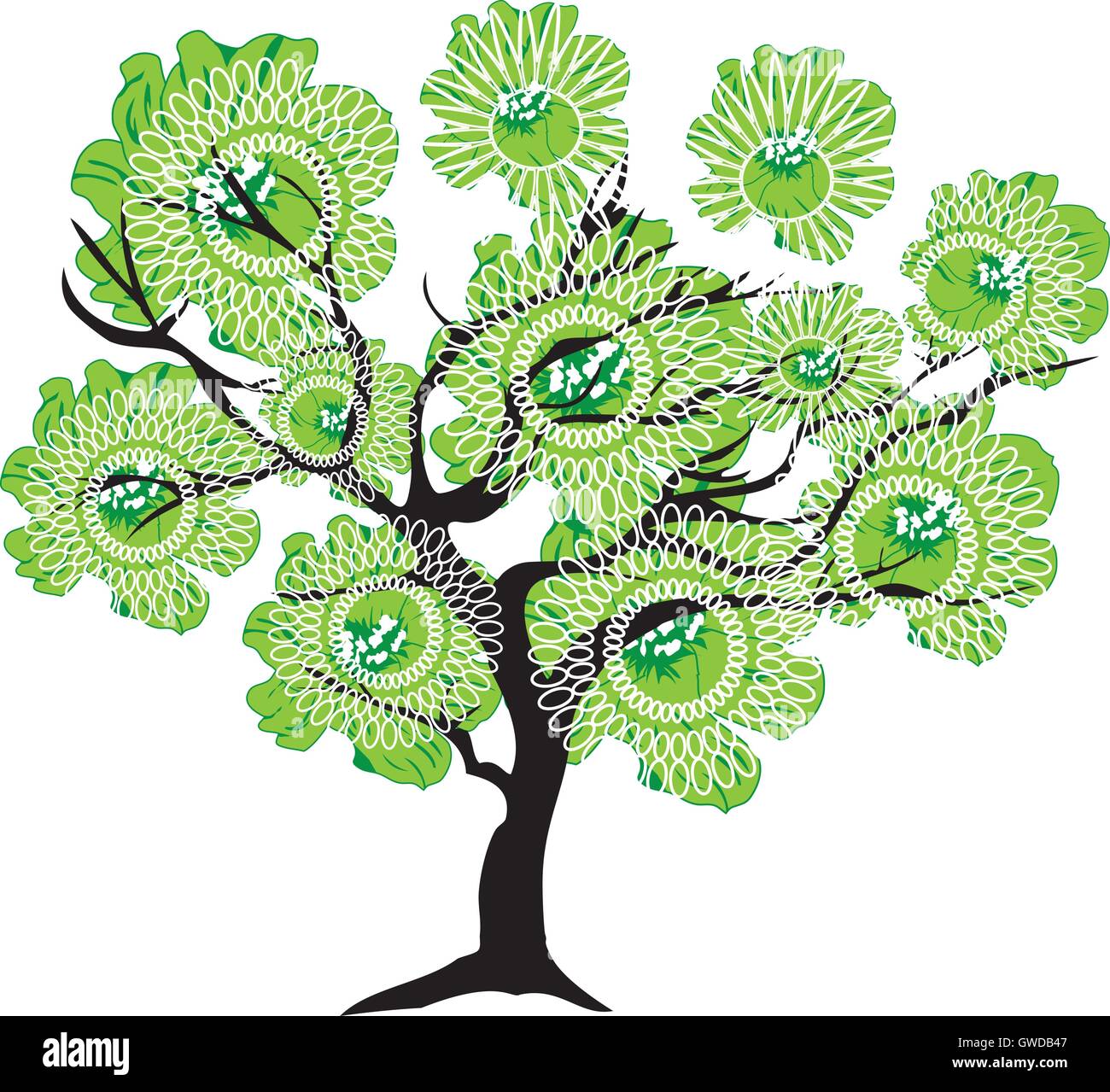 vector illustration of an abstract tree with green flowers Stock Vector ...