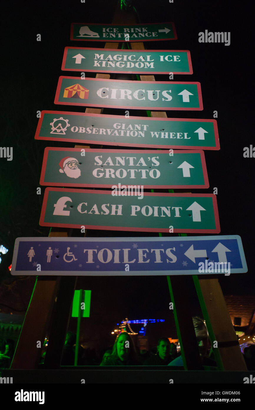 Attraction road sign at London Winter Wonderland Stock Photo - Alamy