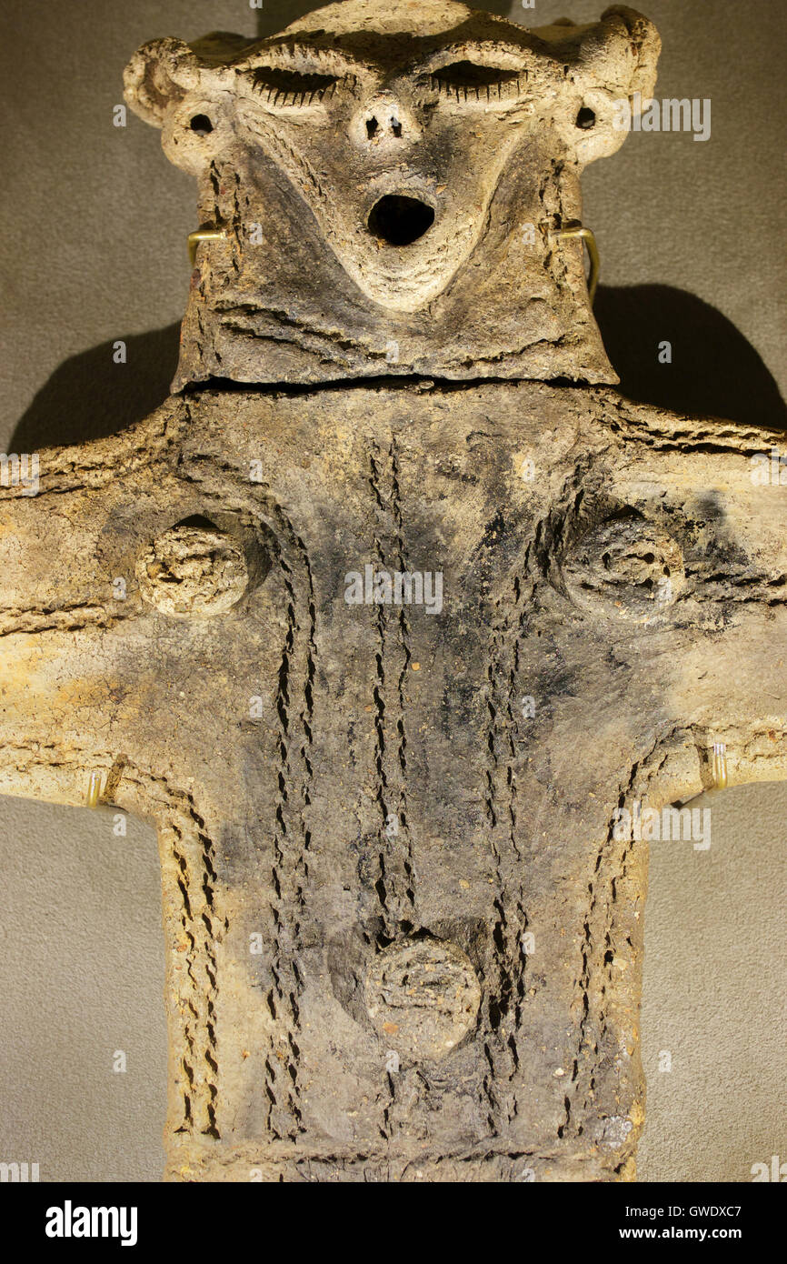 Jomon Clay Figurine in a flat position on display at the Sannaimaru ...