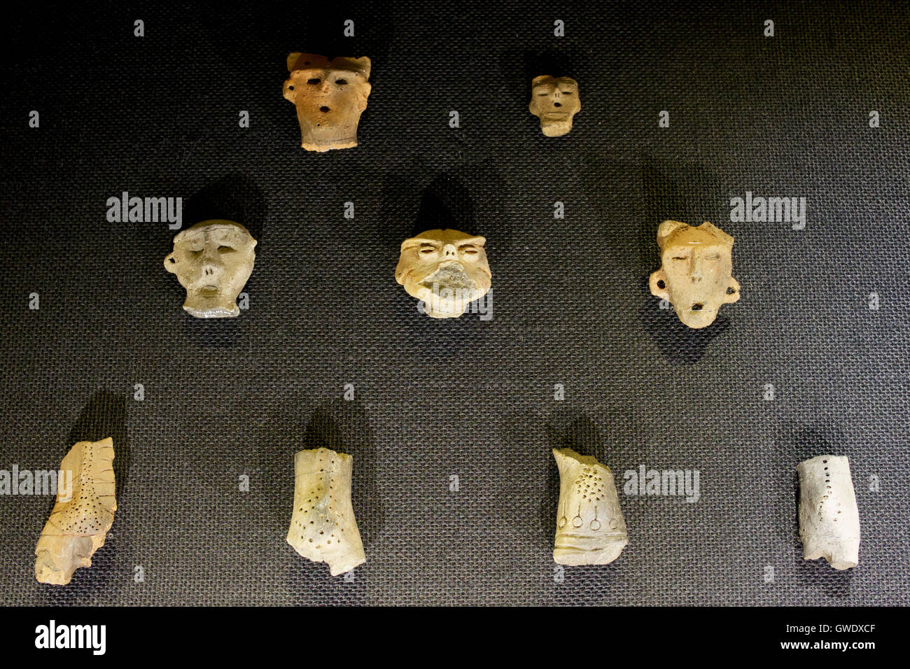 Displays of excavated bits of Jomon clay figurine at Korekawa Jomon ...