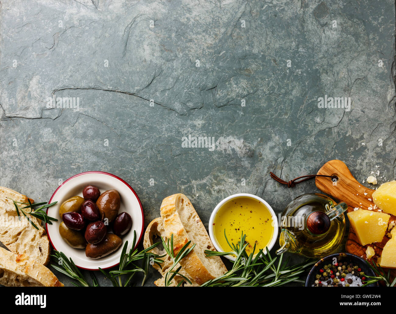 Italian food ingredients background with Sliced bread Ciabatta ...