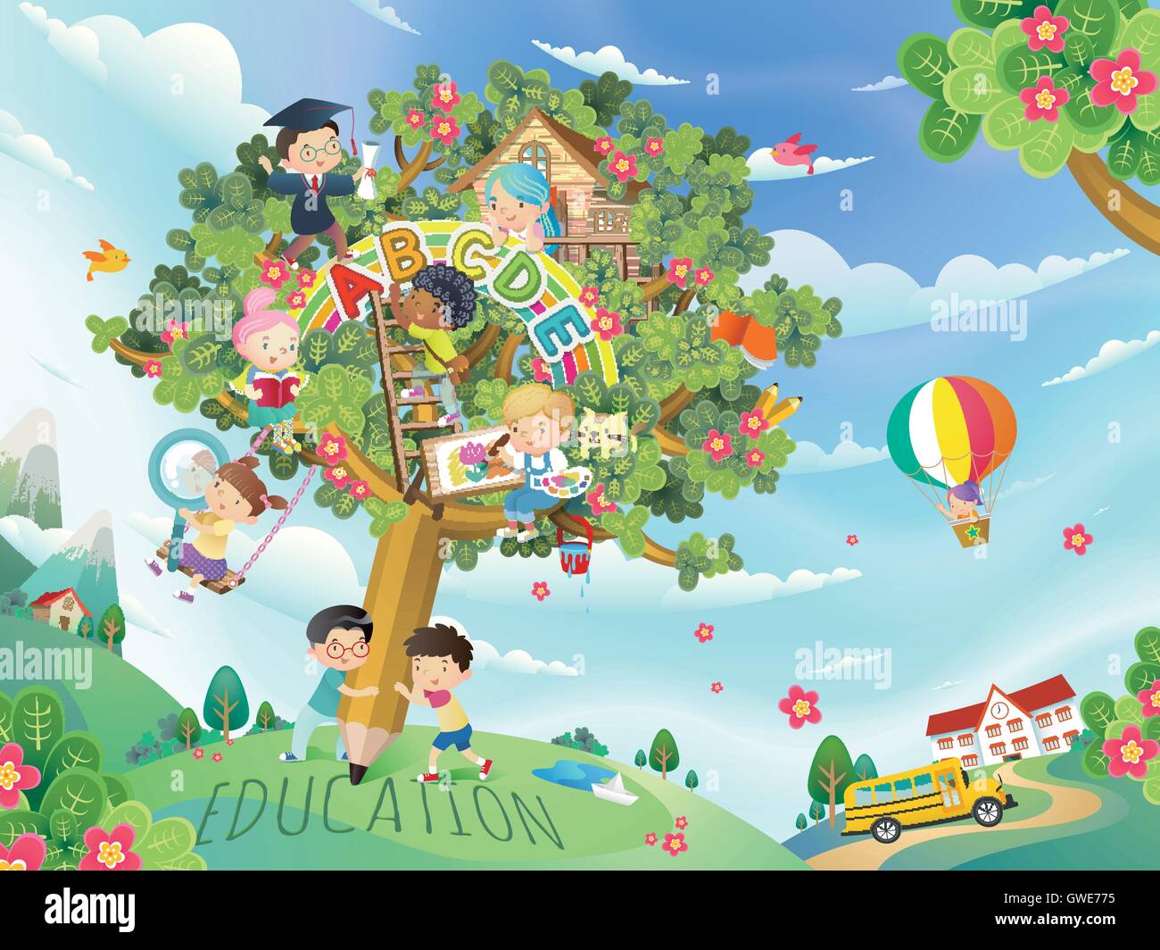 Education flat design, lovely children playing in the pen tree Stock ...