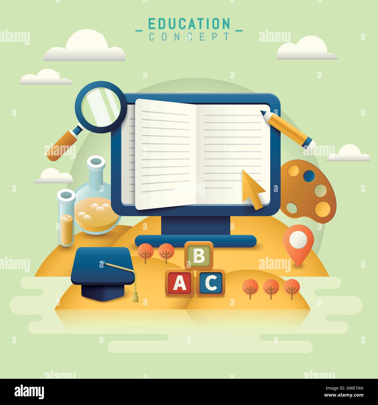 Education flat design, online learning concept with monitor and ...