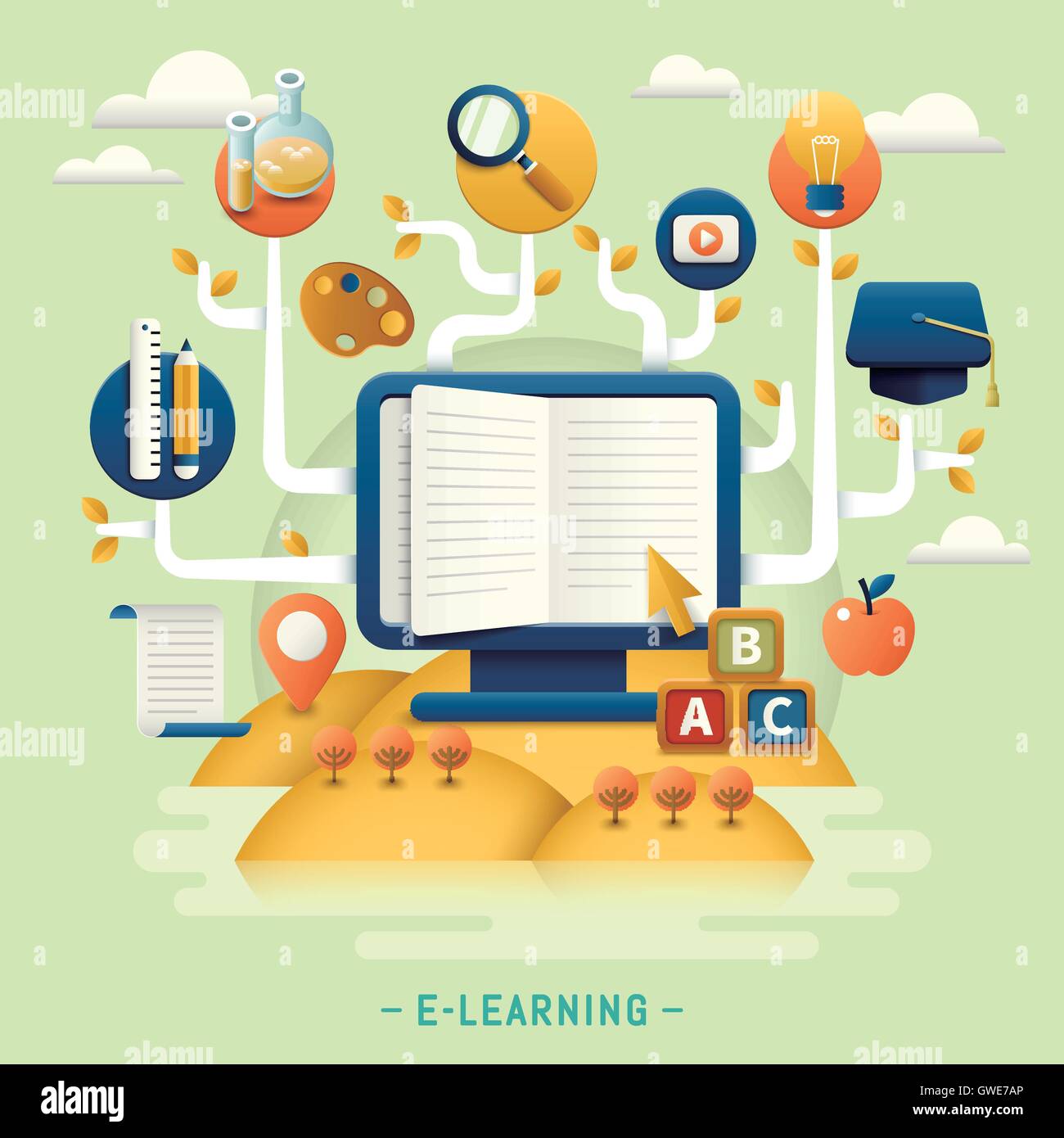 Education flat design, education tree with icons and stationery Stock ...