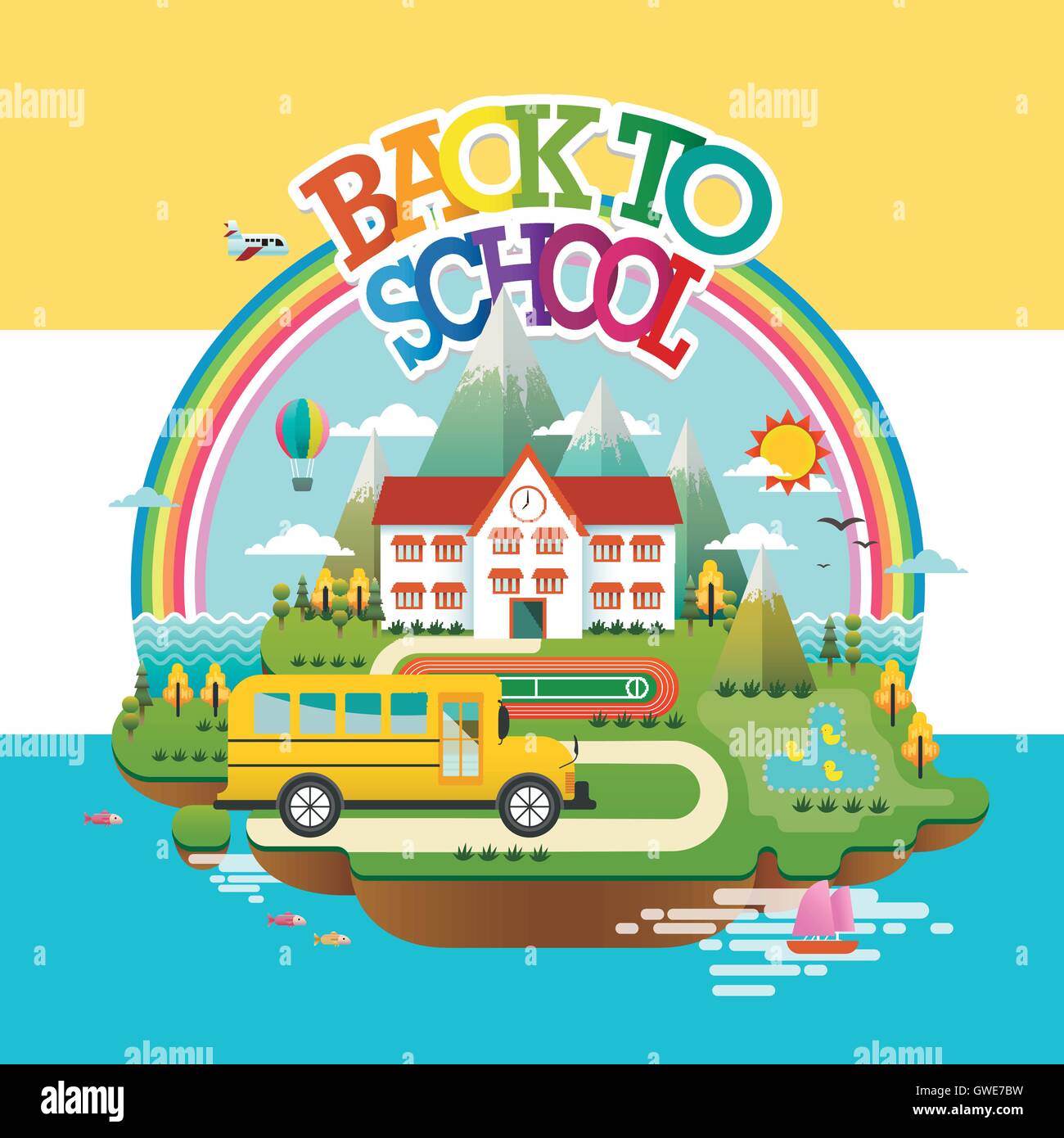 Education flat design, back to school scene with school on small island ...