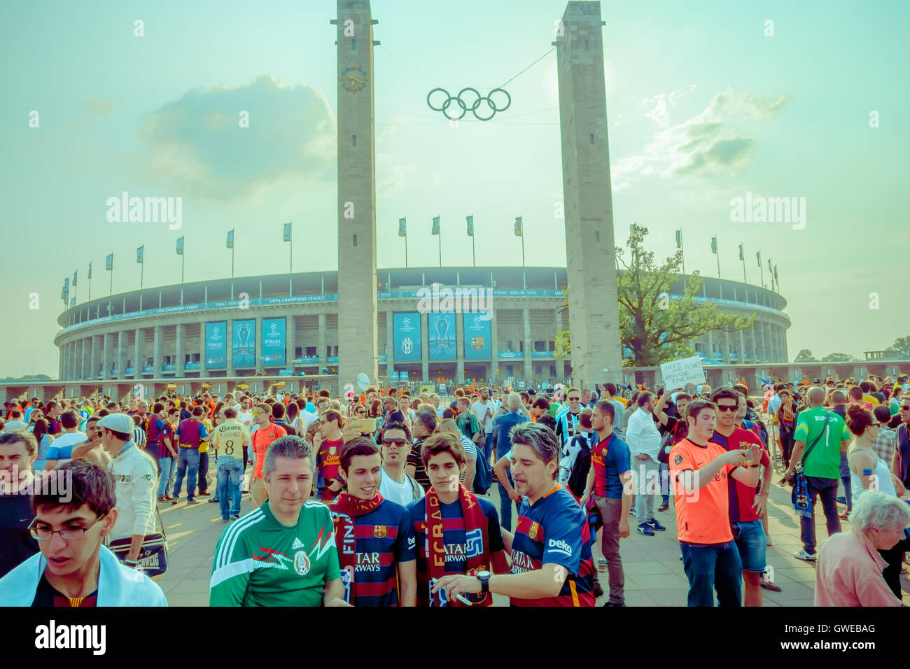 BERLIN, GERMANY - JUNE 06, 2015: Barcelona team fans outside of the ...