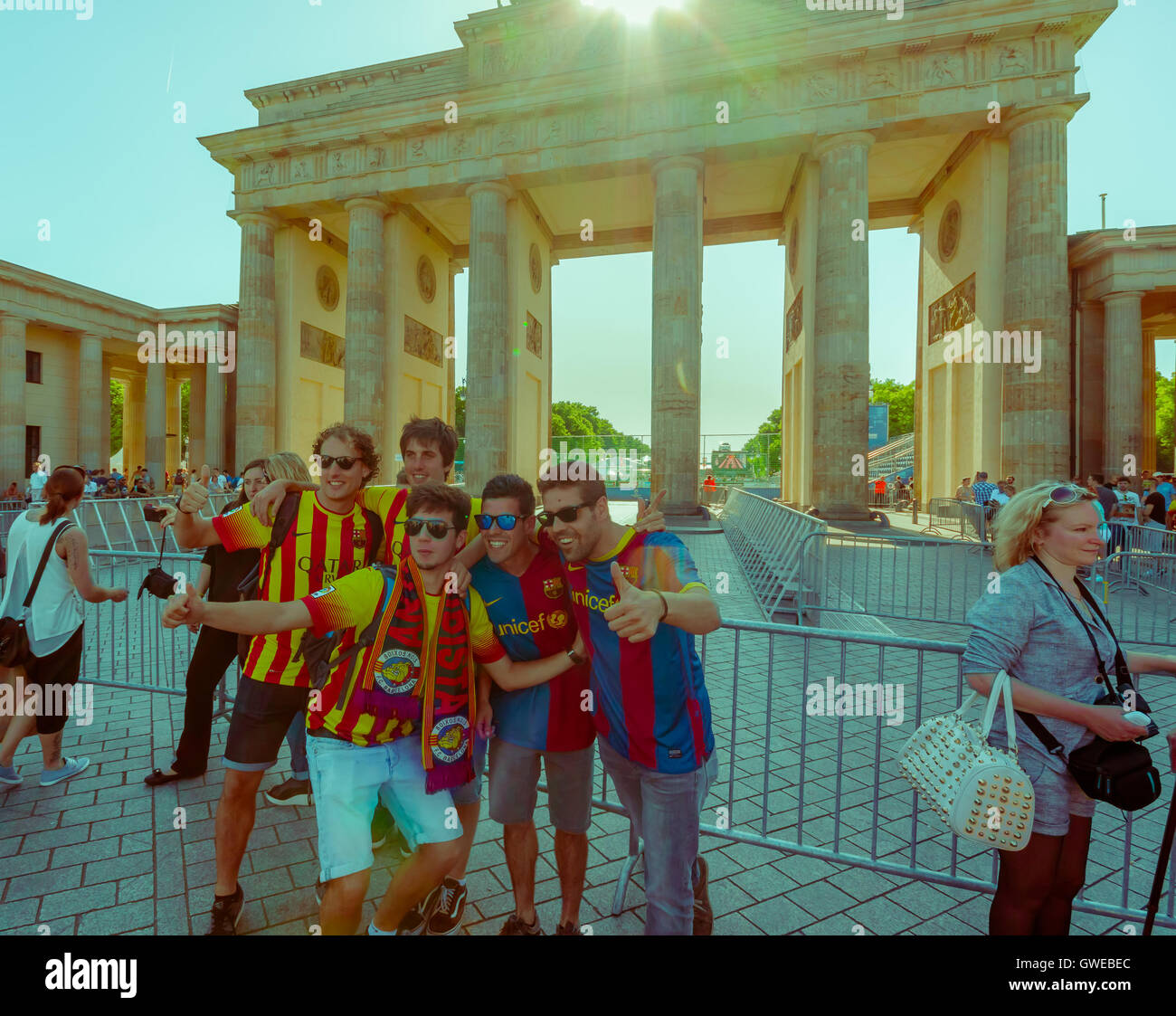 BERLIN, GERMANY - JUNE 06, 2015: Barcelona team fans of Spain waitting ...