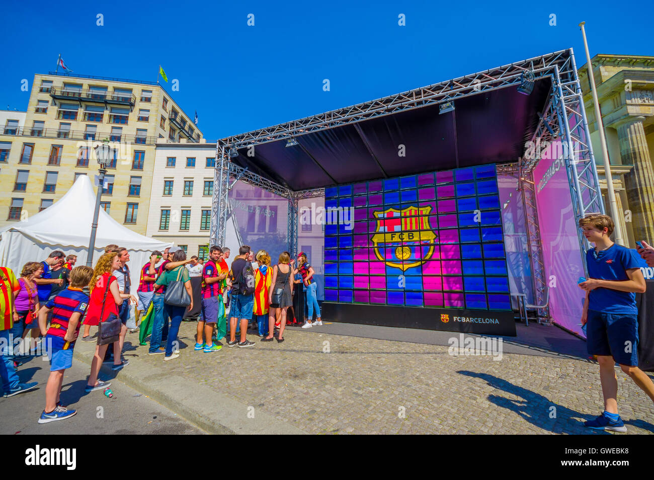 BERLIN, GERMANY - JUNE 06, 2015: Barcelona team fans of Spain waitting ...
