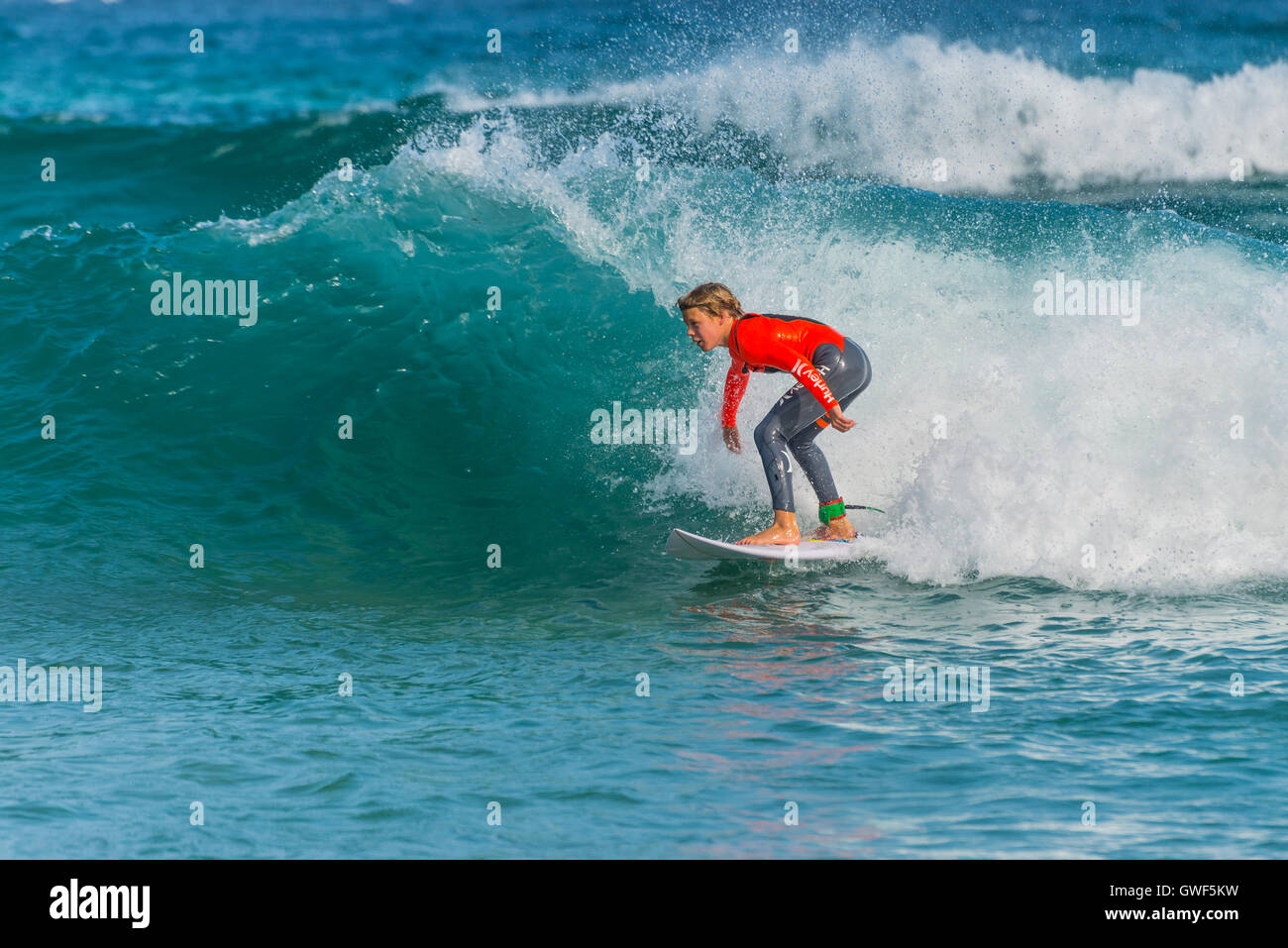 A Australian young surfer on the wave, Bondi Beach in the Eastern ...