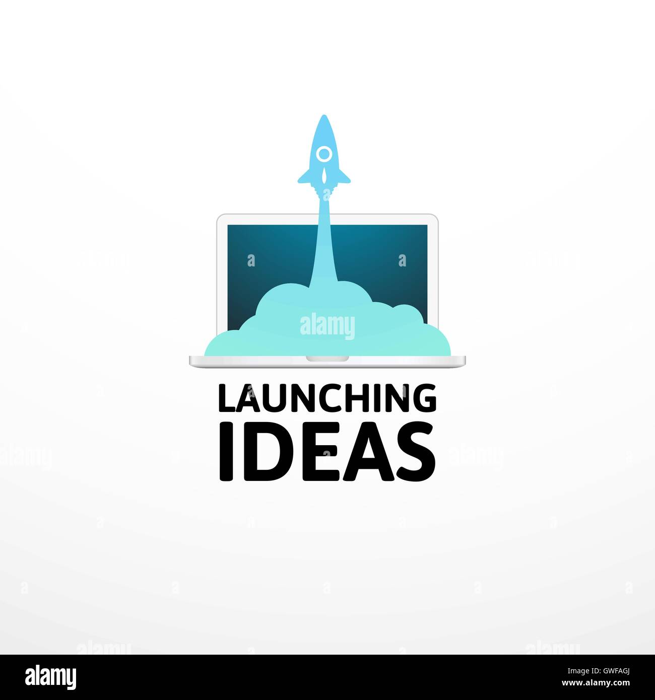 Blue rocket and laptop, icon in flat style isolated on white background ...