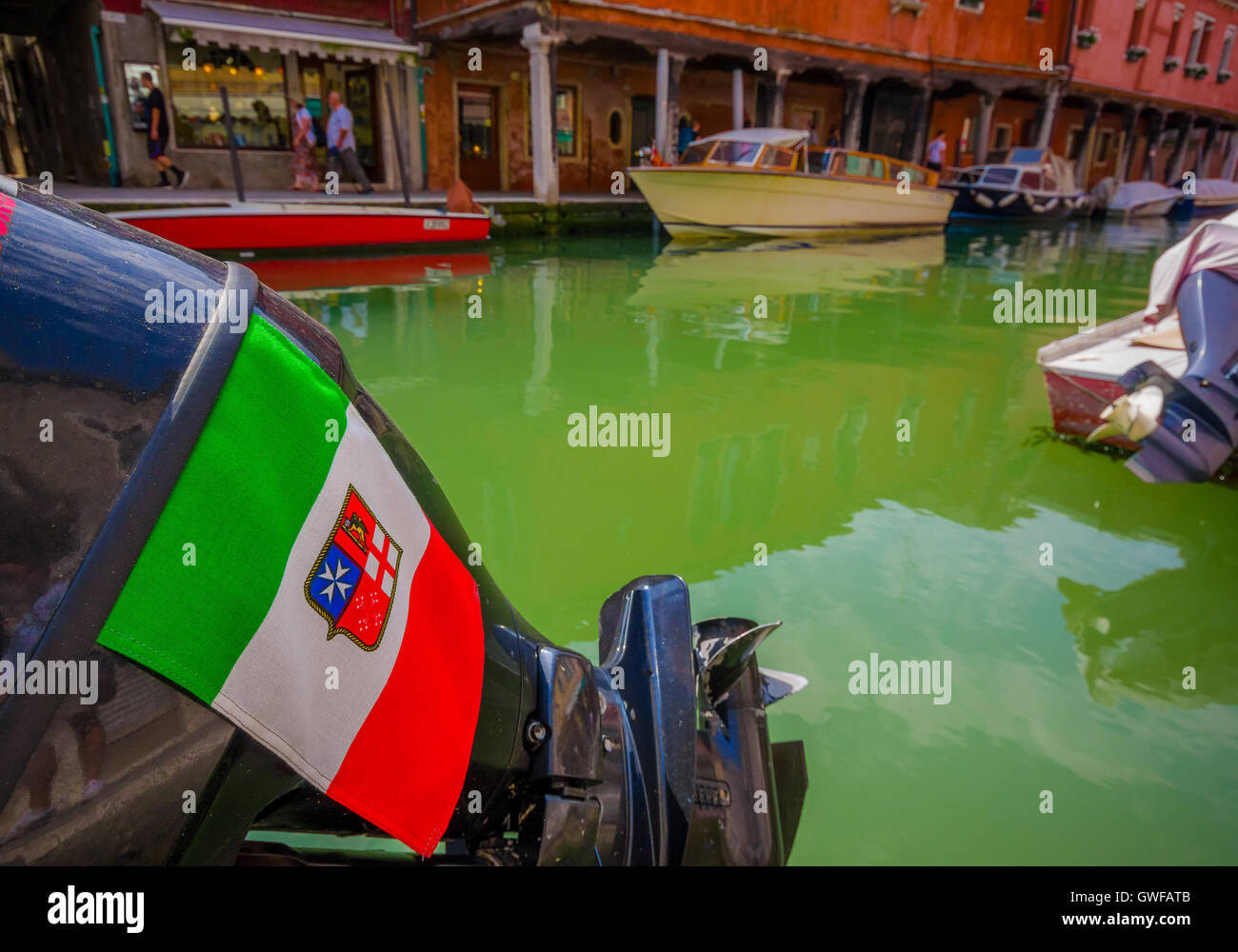 MURANO, ITALY - JUNE 16, 2015: Italy flag and shield on a boat engine ...