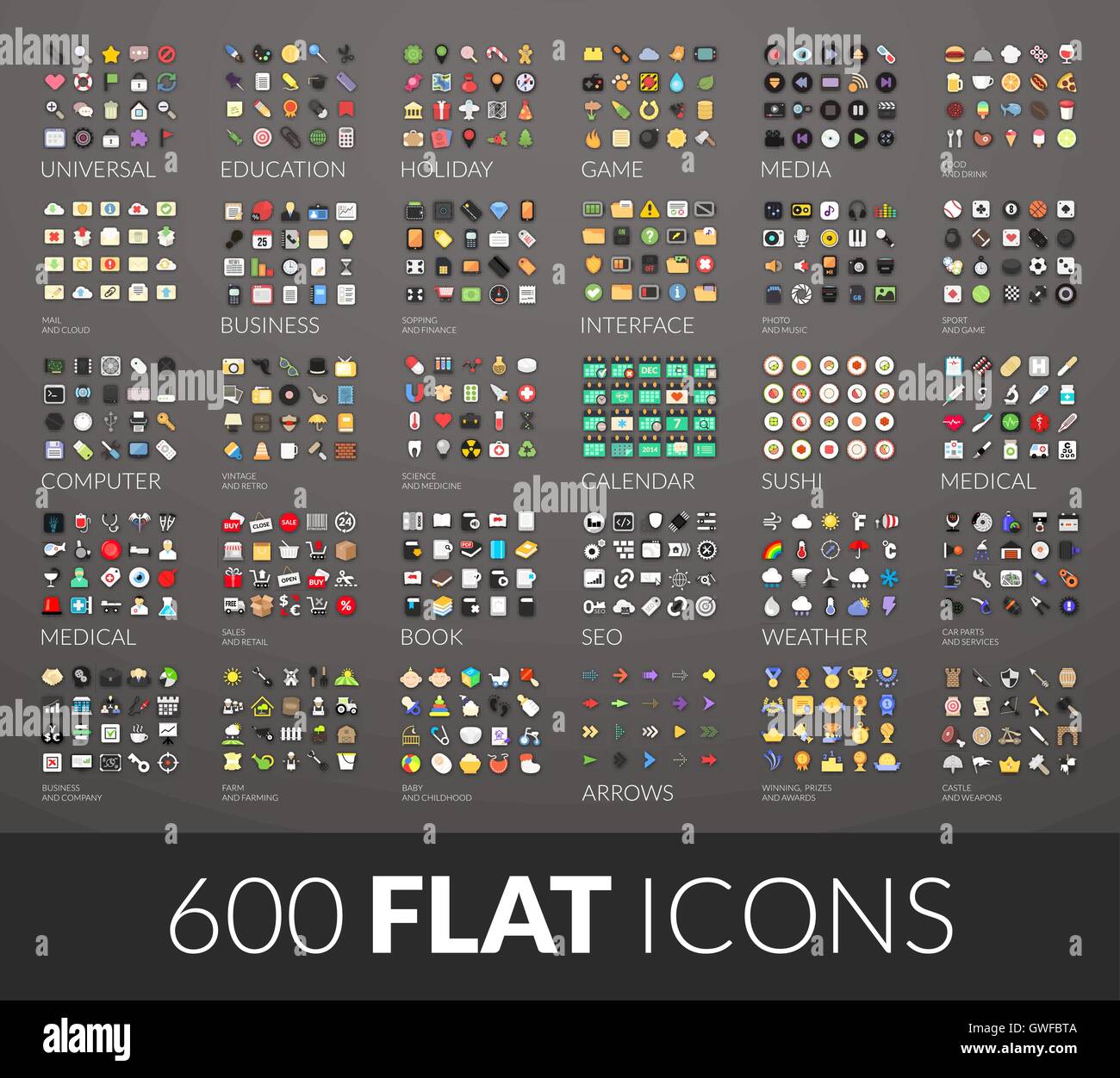 Large icons set, 600 vector pictogram of flat colored with shadows ...