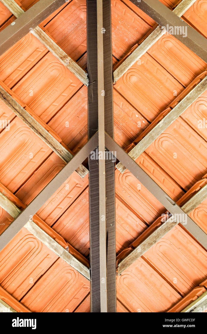 Low angle view of symmetrical pattern of rust colored terracotta roof ...