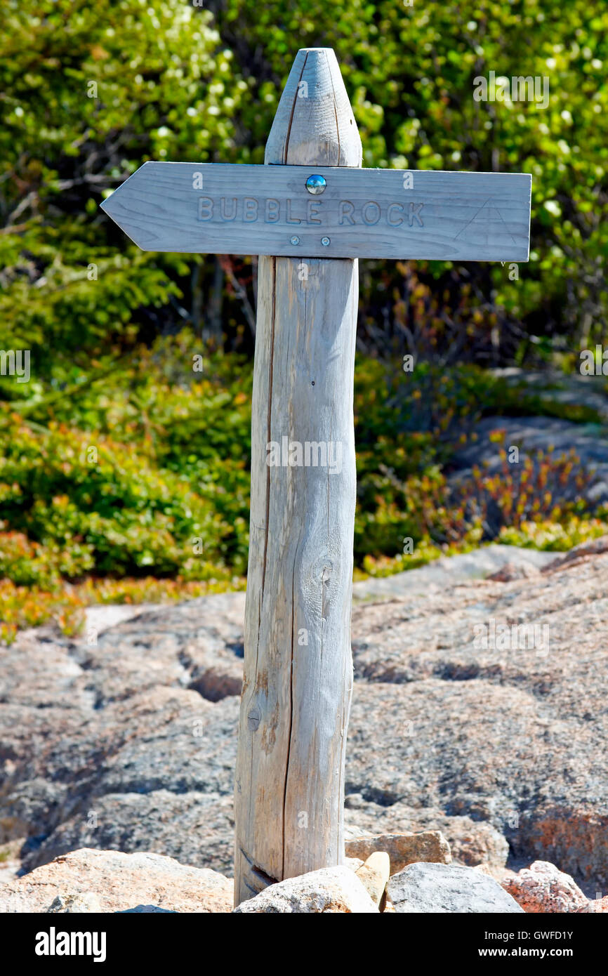 Hiking marker on the trail in Acadia National Park, Maine Stock Photo ...